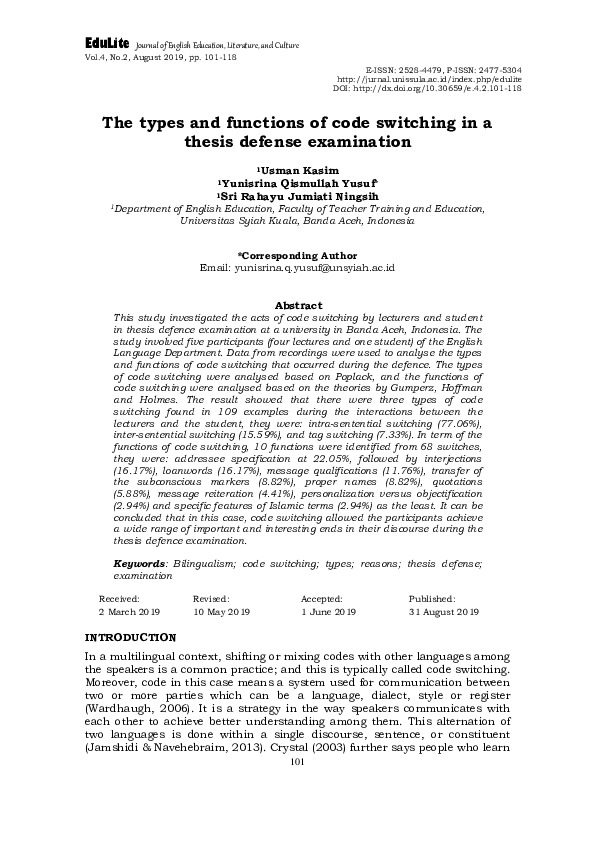(PDF) The types and functions of code switching in a thesis defense ...