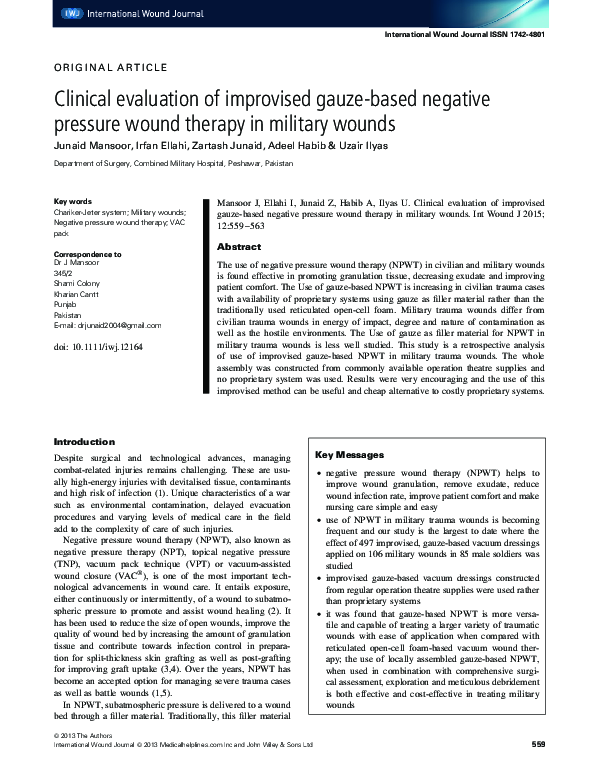 (PDF) Clinical evaluation of improvised gauze-based negative pressure wound therapy in military ...