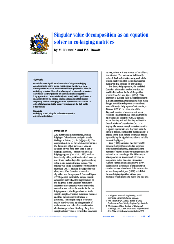Pdf Singular Value Decomposition As An Equation Solver In Co Kriging