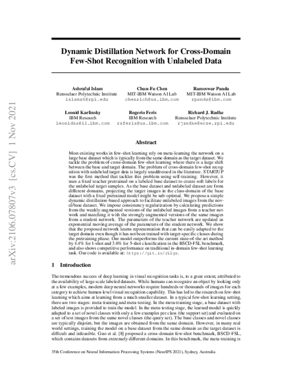 Pdf Dynamic Distillation Network For Cross Domain Few Shot Recognition With Unlabeled Data