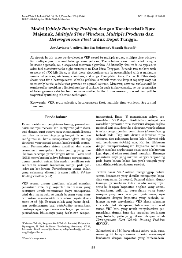 Pdf Model Vehicle Routing Problem Dengan Karakteristik Rute Majemuk Multiple Time Windows