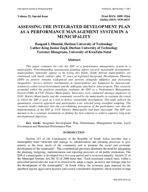 (PDF) Assessing the Integrated Development Plan as a Performance ...