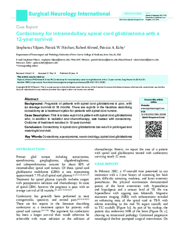 (PDF) Cordectomy for intramedullary spinal cord glioblastoma with a 12 ...
