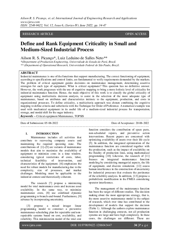(PDF) Define and Rank Equipment Criticality in Small and Medium-Sized ...
