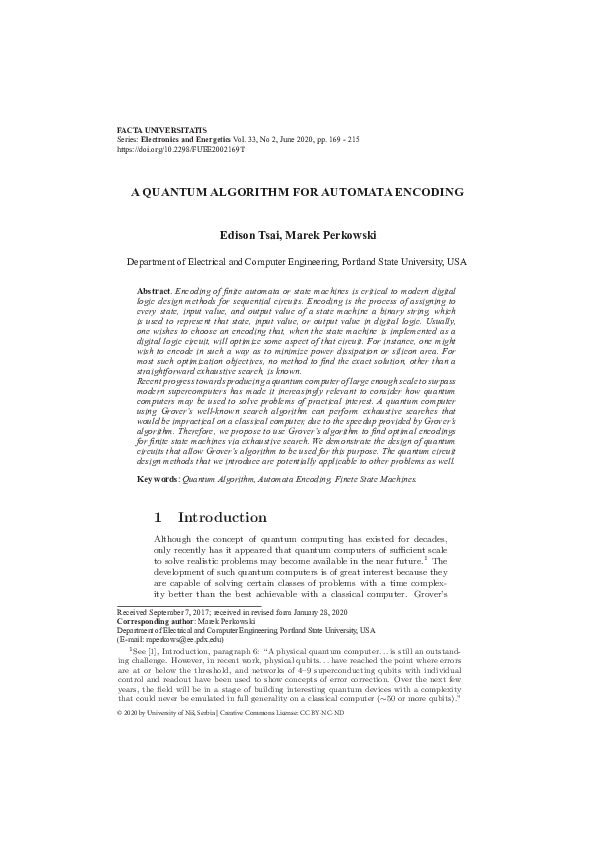 (PDF) A quantum algorithm for automata encoding