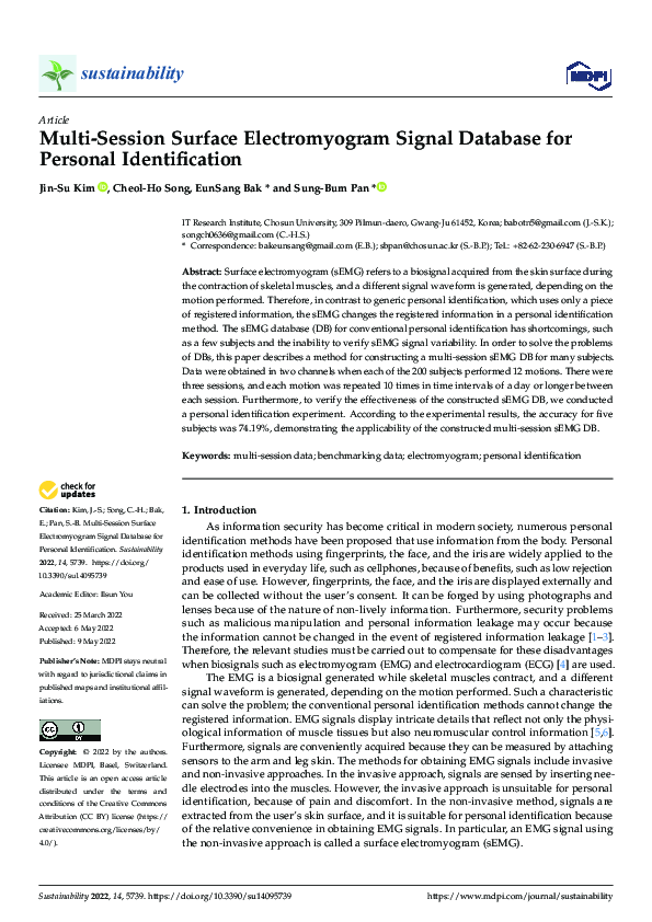 Pdf Multi Session Surface Electromyogram Signal Database For Personal Identification