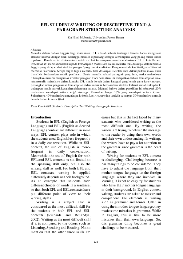 (PDF) Efl Students Writing of Descriptive Text a Paragraph Structure ...