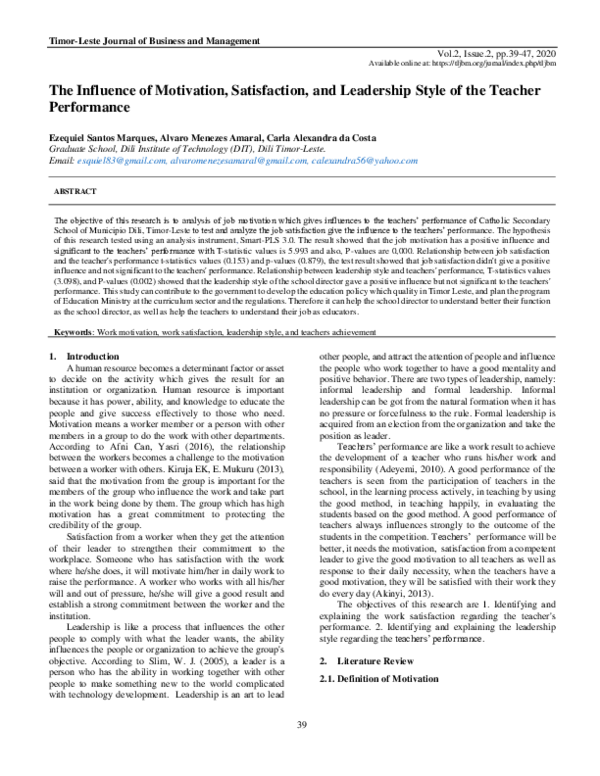(PDF) The Influence of Motivation, Satisfaction, and Leadership Style of the Teacher Performance