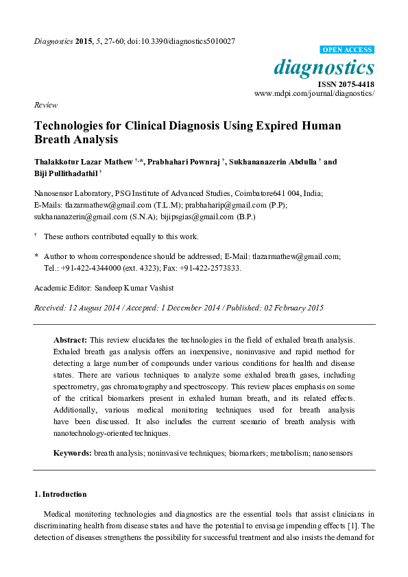 (PDF) Technologies for Clinical Diagnosis Using Expired Human Breath ...