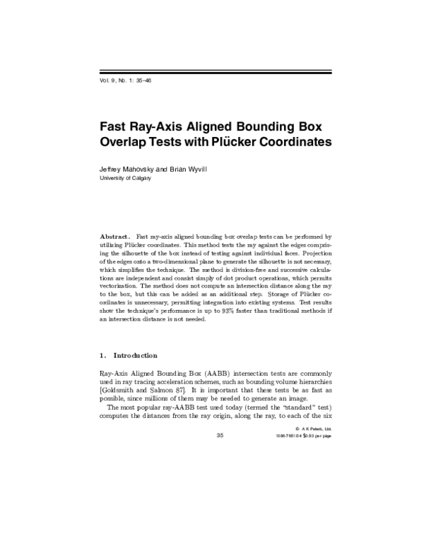 Pdf Fast Ray Axis Aligned Bounding Box Overlap Tests With Plucker Coordinates