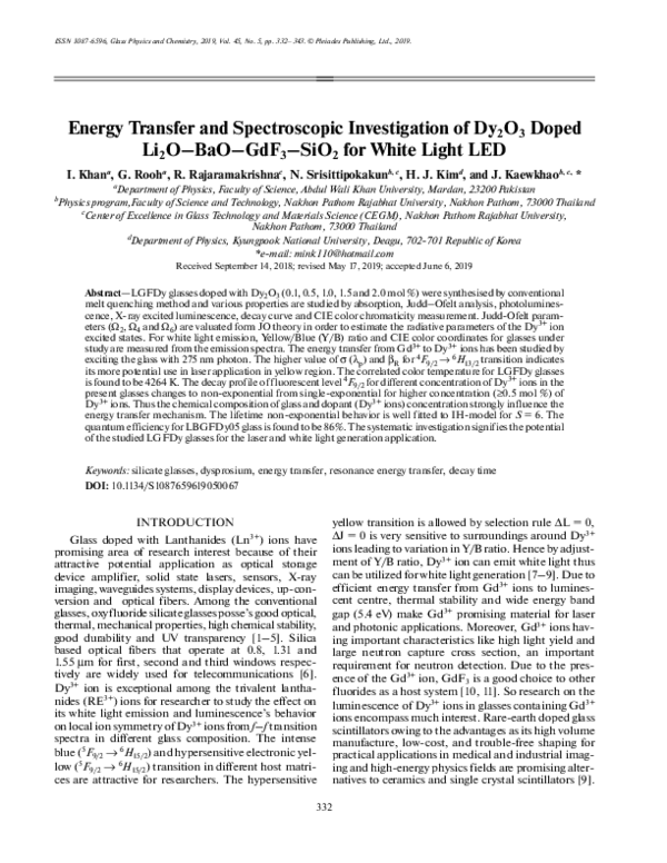 (PDF) Energy Transfer and Spectroscopic Investigation of Dy2O3 Doped ...