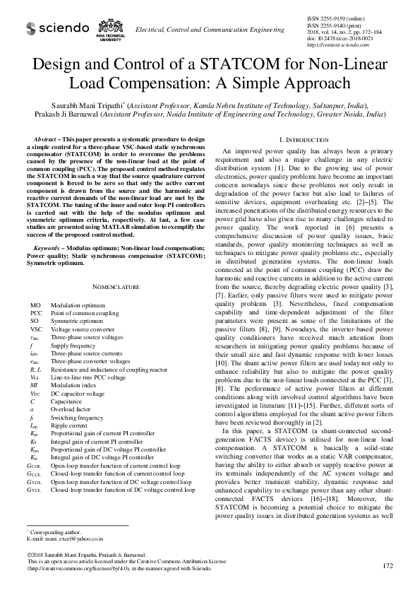 Pdf Design And Control Of A Statcom For Non Linear Load Compensation A Simple Approach