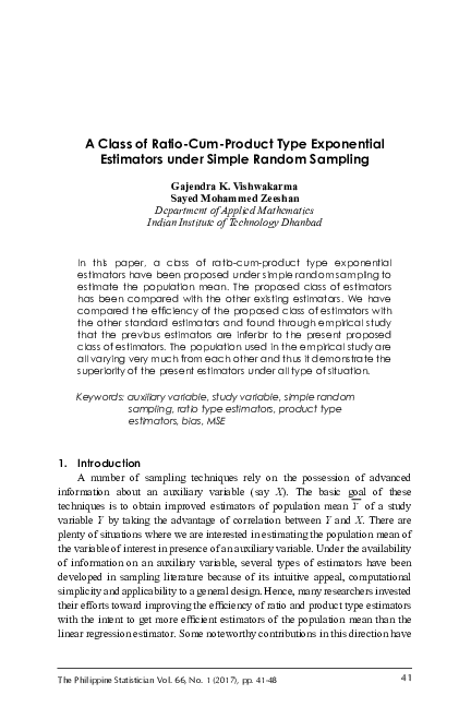 Pdf A Class Of Ratio Cum Product Type Exponential Estimators Under Simple Random Sampling