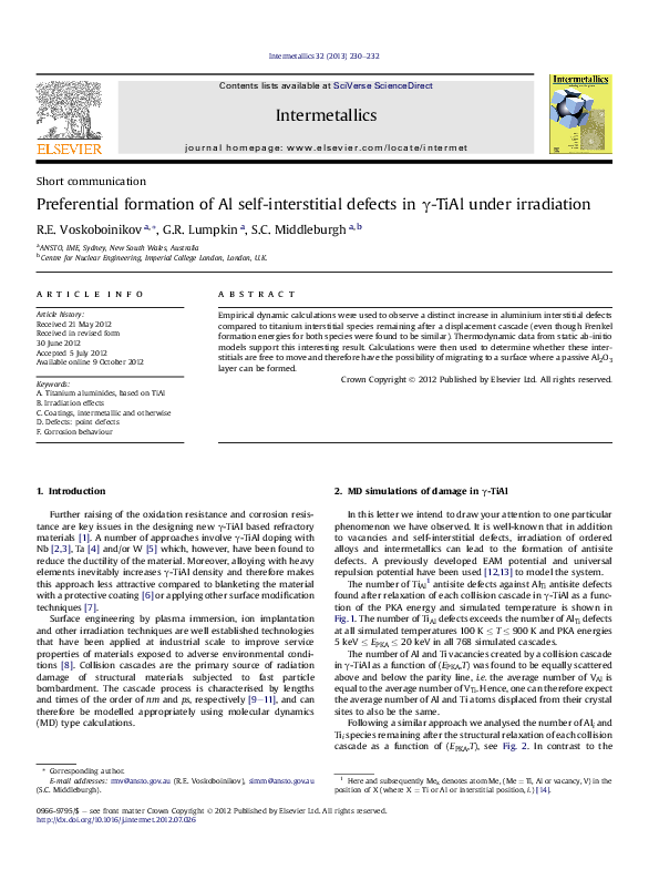 (PDF) Preferential formation of Al self-interstitial defects in γ-TiAl ...