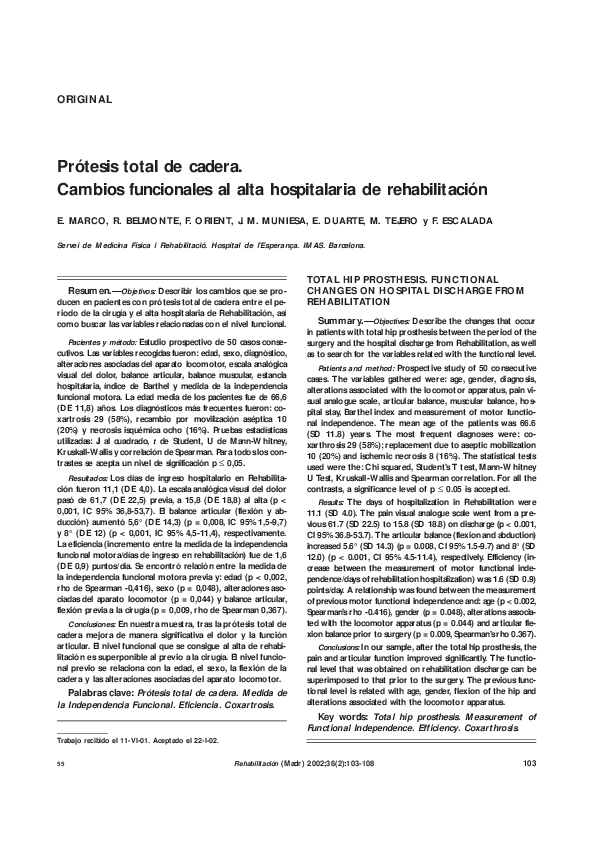 (PDF) Prótesis total de cadera. Cambios funcionales al alta ...