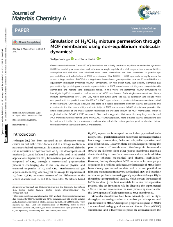 (PDF) Simulation of H2/CH4 mixture permeation through MOF membranes using non-equilibrium ...
