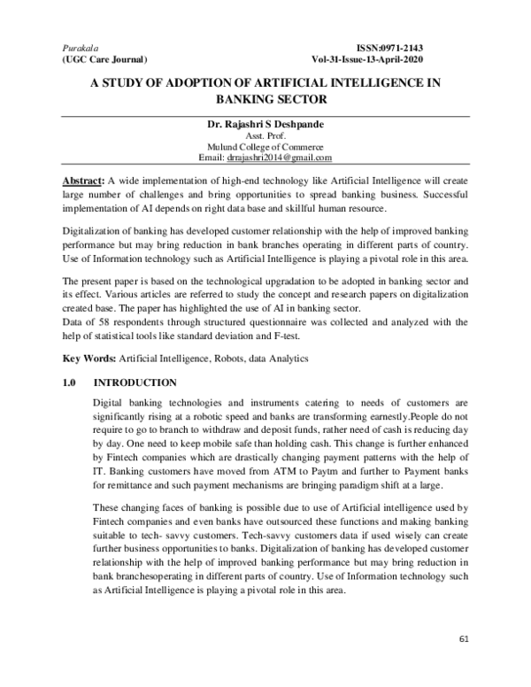 (PDF) A Study of Adoption of Artificial Intelligence in Banking Sector