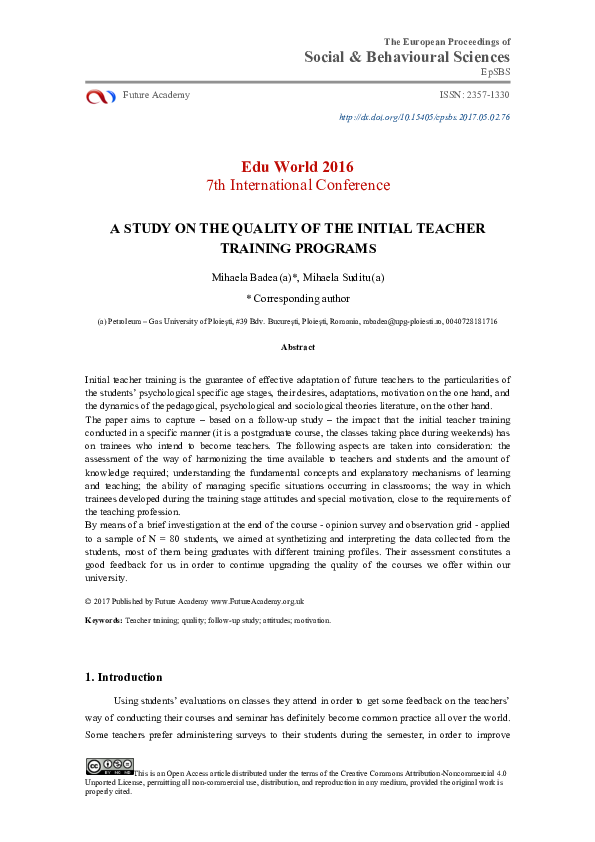 (PDF) A Study On The Quality Of The Initial Teacher Training Programs