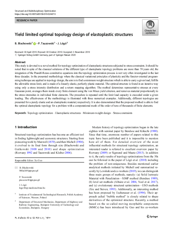 (PDF) Yield limited optimal topology design of elastoplastic structures