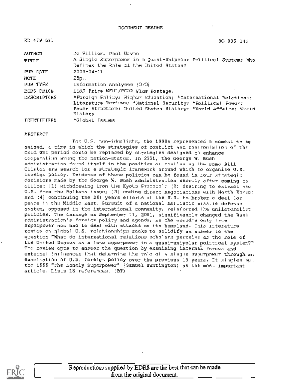 (PDF) A Single Superpower in a Quasi-Unipolar Political System: Who ...