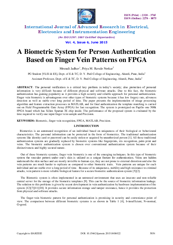 Pdf A Biometric System For Person Authentication Based On Finger Vein Patterns On Fpga