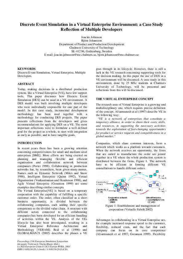 Pdf Discrete Event Simulation In A Virtual Enterprise Environment A