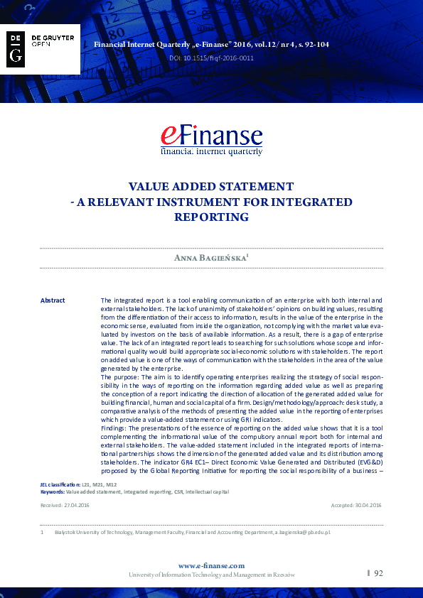 (PDF) Value Added Statement - A Relevant Instrument for Integrated ...