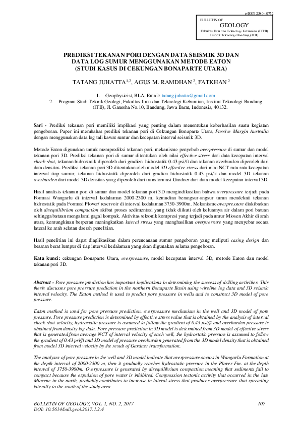 (PDF) Prediksi Tekanan Pori Dengan Data Seismik 3D Dan Data Log Sumur Menggunakan Metode Eaton ...