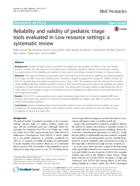 (PDF) Reliability and validity of pediatric triage tools evaluated in ...