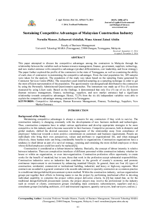(PDF) Sustaining Competitive Advantages of Malaysian Construction Industry