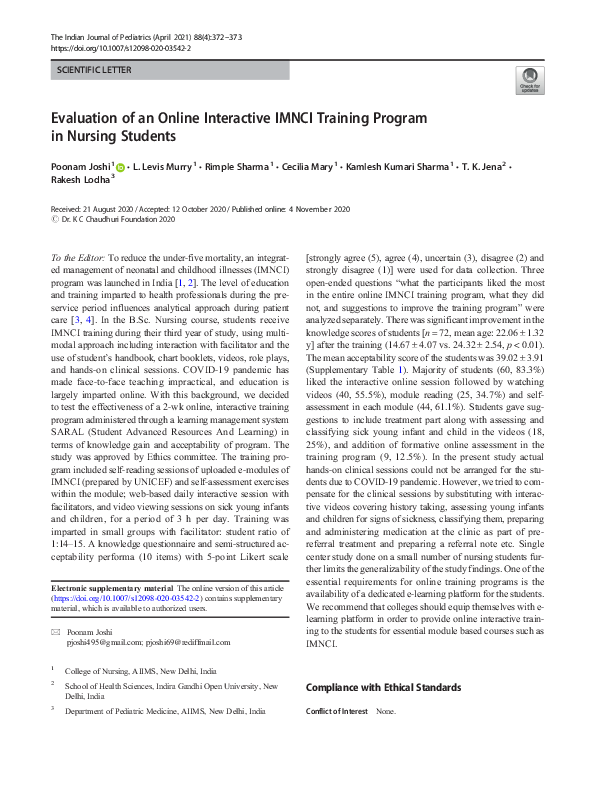 (PDF) Evaluation of an Online Interactive IMNCI Training Program in ...
