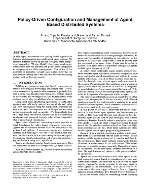Pdf Policy Driven Configuration And Management Of Agent Based Distributed Systems