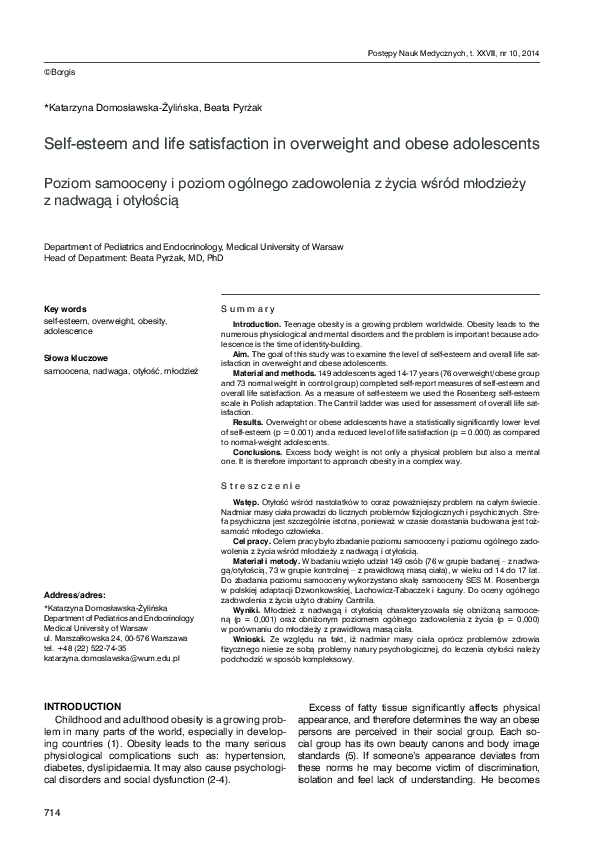 (PDF) Self-esteem and life satisfaction in overweight and obese adolescents