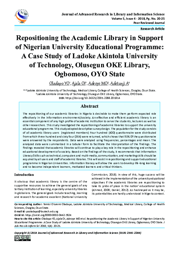 (PDF) Repositioning the Academic Library in Support of Nigerian ...