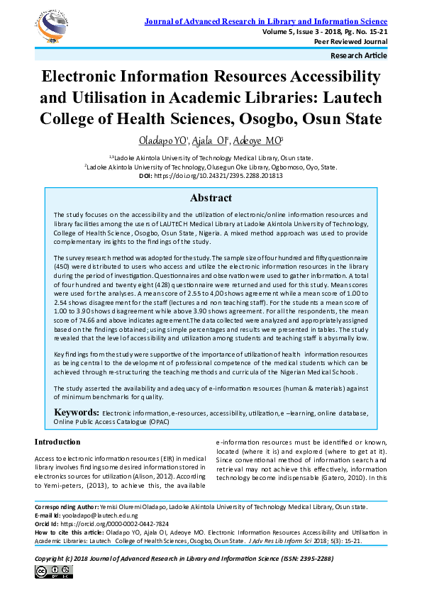 (PDF) Electronic Information Resources Accessibility and Utilisation in ...