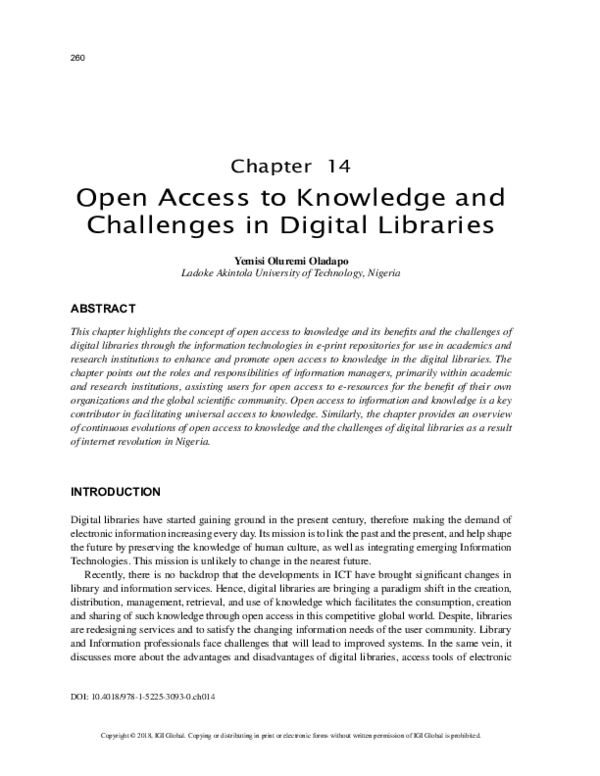 (PDF) Open Access to Knowledge and Challenges in Digital Libraries