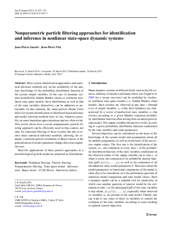 Pdf Nonparametric Particle Filtering Approaches For Identification