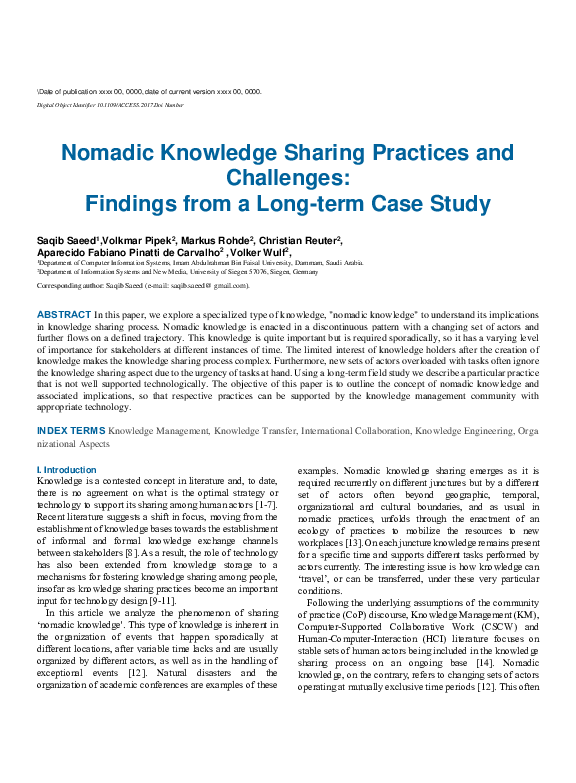(PDF) Nomadic Knowledge Sharing Practices and Challenges: Findings from a Long-term Case Study