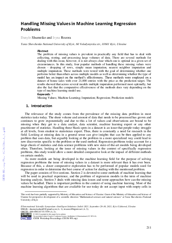 (PDF) Handling Missing Values in Machine Learning Regression Problems