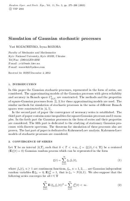 (PDF) Simulation of Gaussian stochastic processes