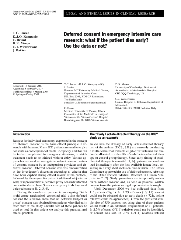 (PDF) Deferred consent in emergency intensive care research: what if ...