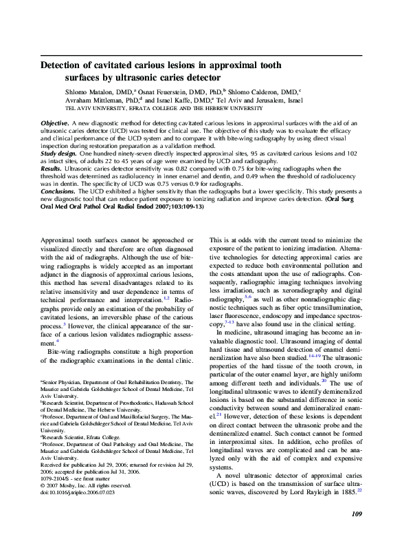 (PDF) Detection of cavitated carious lesions in approximal tooth surfaces by ultrasonic caries ...