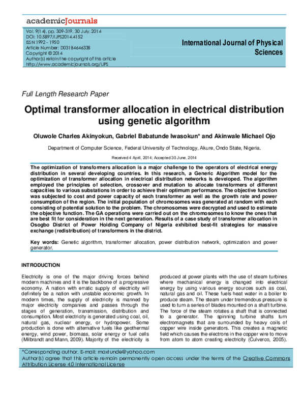 (PDF) Optimal transformer allocation in electrical distribution using ...