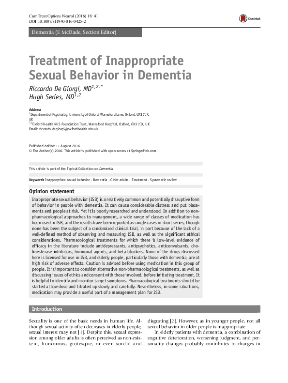 (PDF) Treatment of Inappropriate Sexual Behavior in Dementia