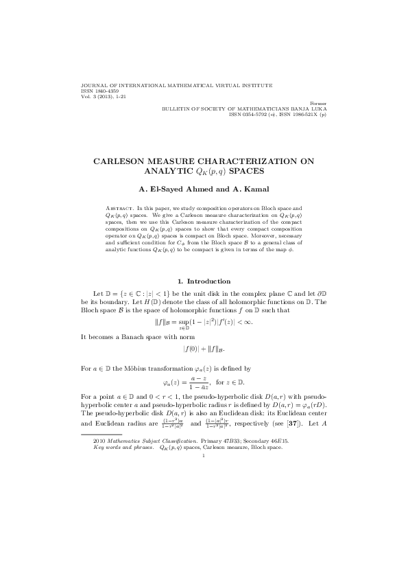 (PDF) CARLESON MEASURE CHARACTERIZATION ON ANALYTIC QK (p, q) SPACES