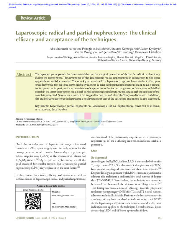 (PDF) Laparoscopic radical and partial nephrectomy: The clinical efficacy and acceptance of the ...
