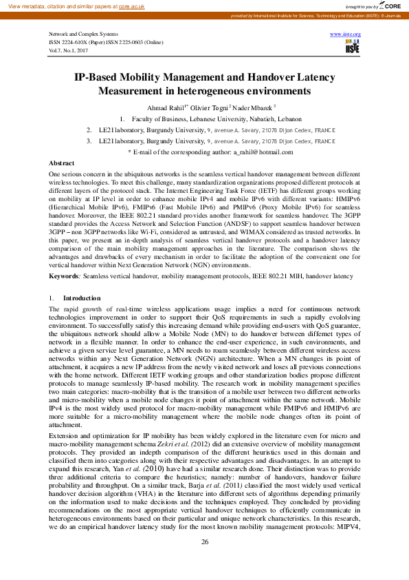 (PDF) IP-Based Mobility Management and Handover Latency Measurement in ...