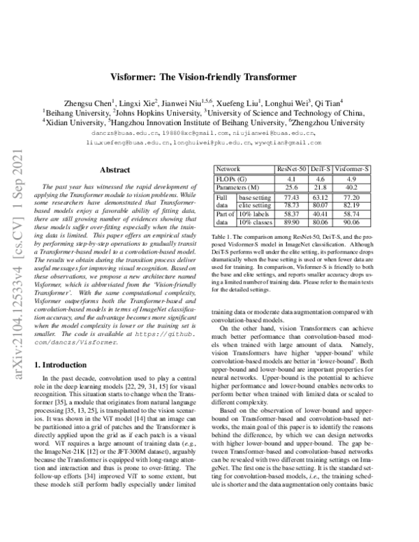 (PDF) Visformer: The Vision-friendly Transformer