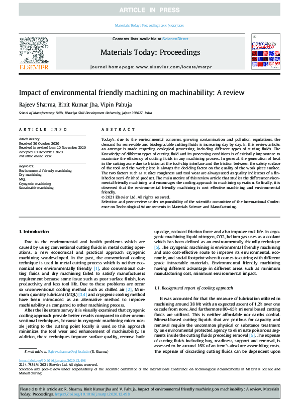 (PDF) Impact of environmental friendly machining on machinability: A review
