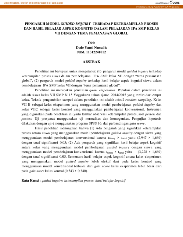 (PDF) Pengaruh Model Guided Inquiry Terhadap Keterampilan Proses Dan Hasil Belajar Aspek ...